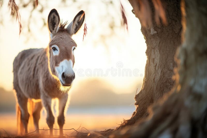 Shaggy Donkey Under a Tree during Sunrise Stock Image - Image of ...