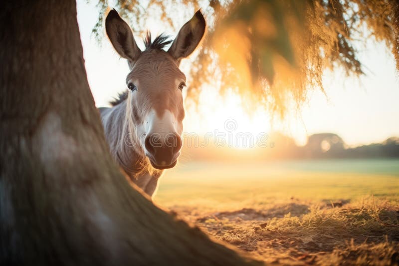 Shaggy Donkey Under a Tree during Sunrise Stock Image - Image of ...