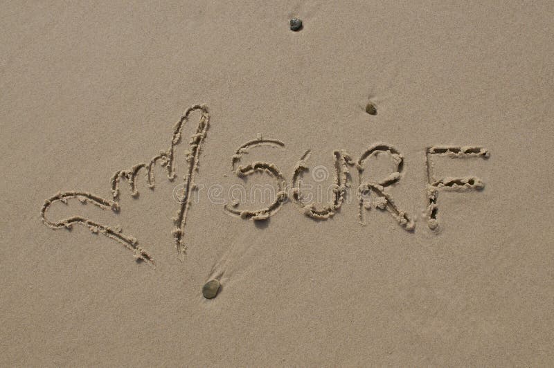 Shaka Hand Gesture and Surf Text on the Sand Stock Image - Image of ...