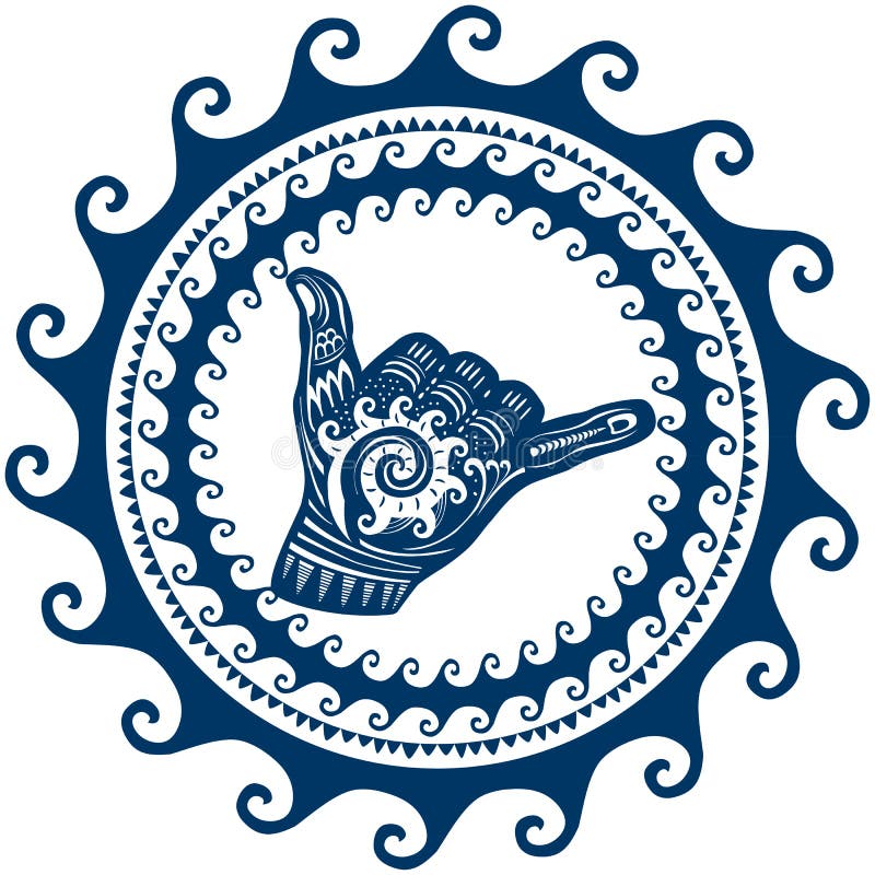 Shaka Sign in a Round Ornament of the Waves Stock Vector - Illustration ...