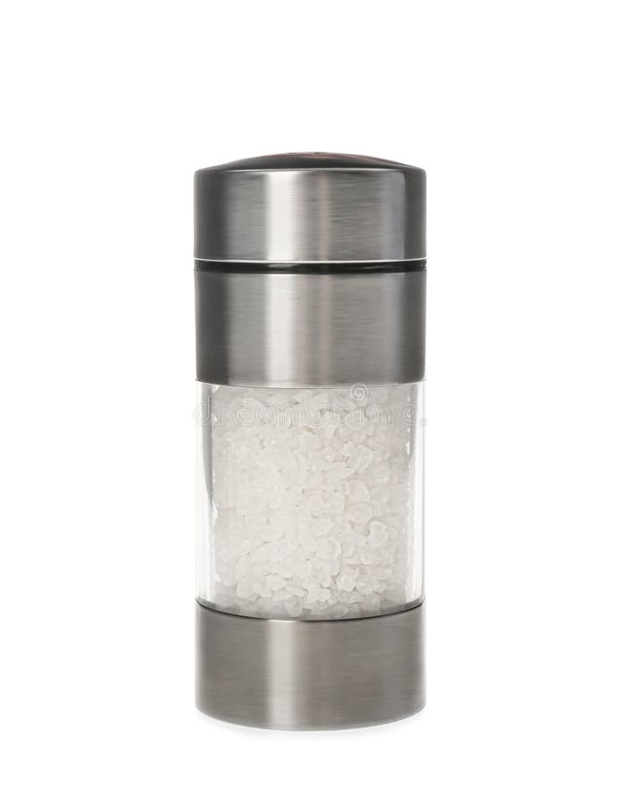 Shaker with Natural Salt Isolated on White Stock Photo - Image of ...