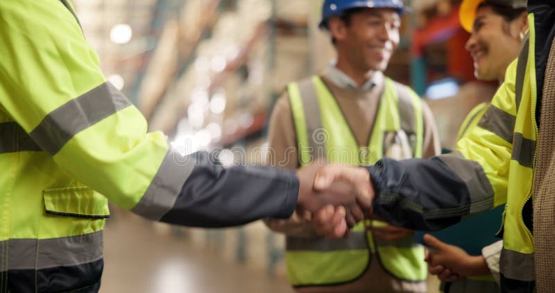 Shaking Hands, Deal and Logistics Team in Warehouse for Greeting ...