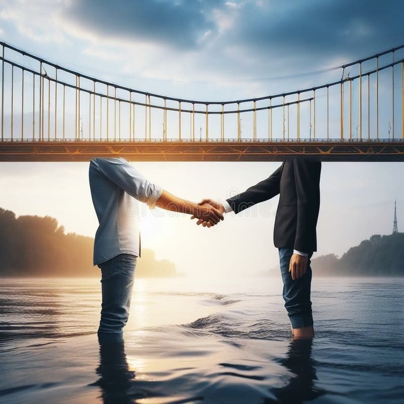 Shaking Hands in a River and Bridge Stock Image - Image of male ...