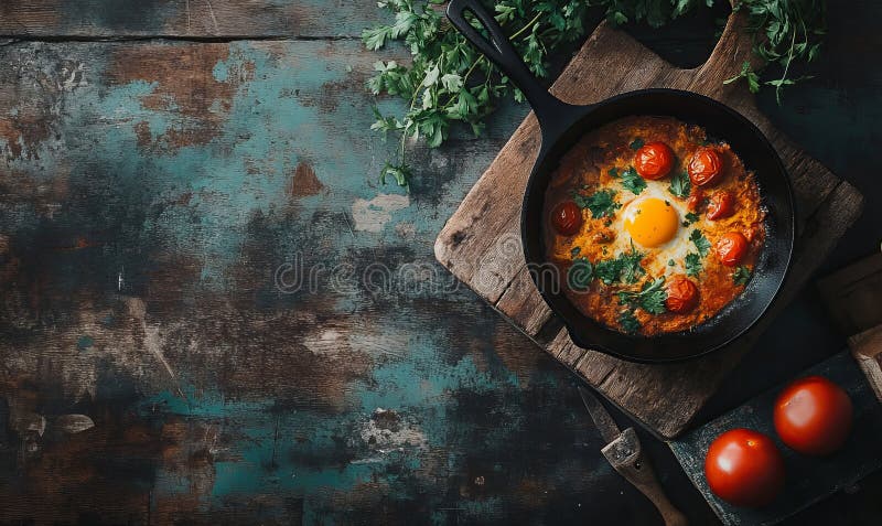 Shakshuka in Cast Iron Pan on Rustic Background Stock Illustration ...