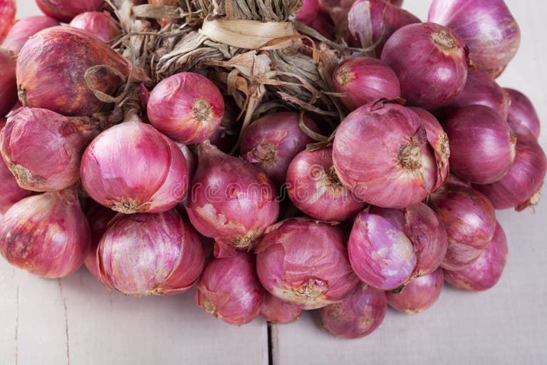 Shallot Bundle on Wooden Table. Stock Photo - Image of brown, purple ...