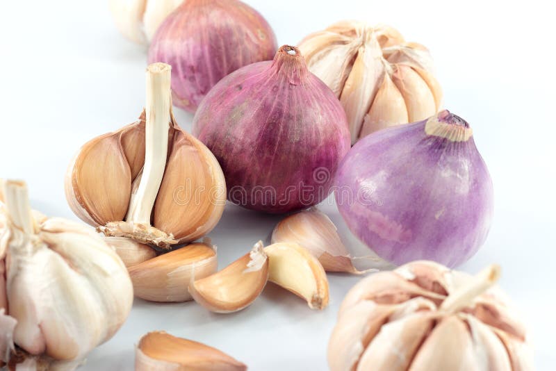 Shallots and Garlic on White Background Stock Image - Image of leaf ...