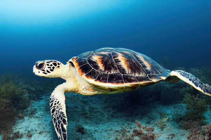 Shallow Big Sea Turtle among Tropical Aquatics. Stock Illustration ...