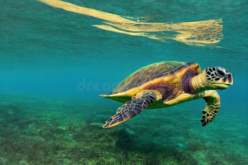 Shallow Big Sea Turtle among Tropical Aquatics. Stock Illustration ...