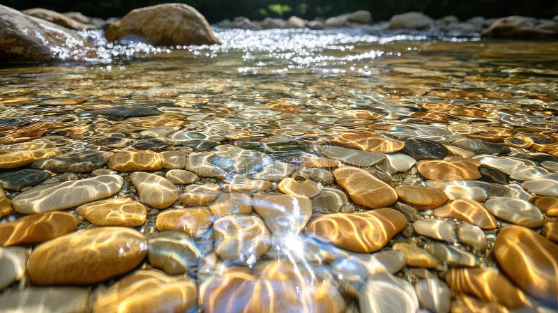 Shallow Creek with Clear Water Flowing Over Smooth Pebbles Sunlight ...