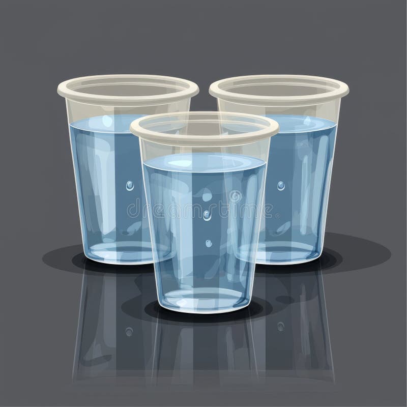 In a Shallow Pool of Water, Three Silver Plastic Cups are Partially ...