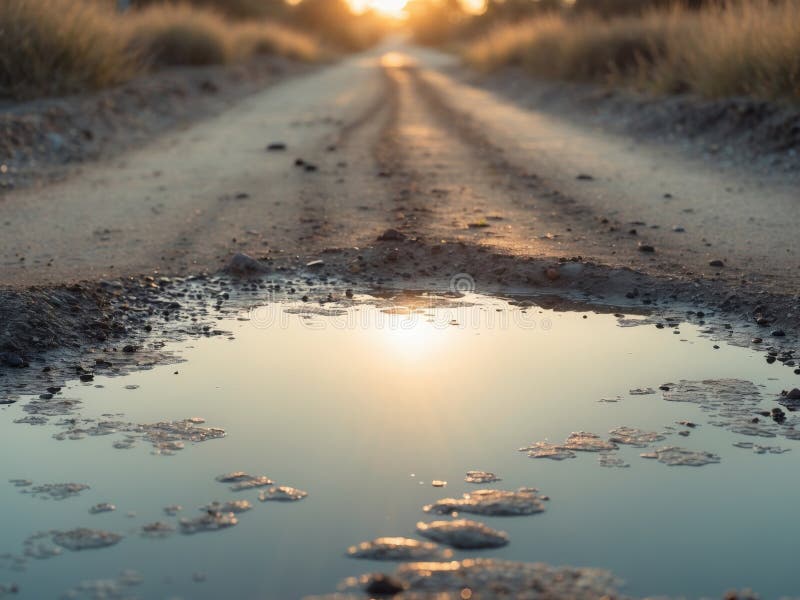 A Shallow Puddle Reflecting Sunlight on a Dirt Road at Dusk Stock Photo ...