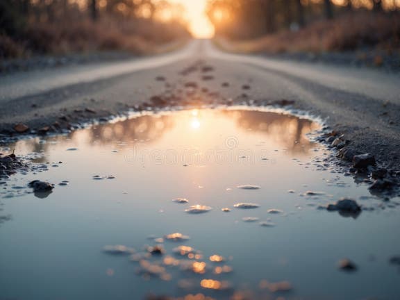 A Shallow Puddle Reflecting Sunlight on a Dirt Road at Dusk. Stock ...