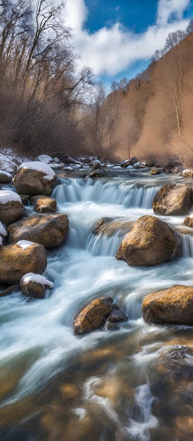Shallow River Flows between Large Rock Cliffs in the Middle of the ...