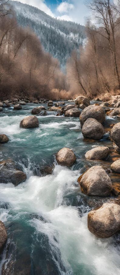 Shallow River Flows between Large Rock Cliffs in the Middle of the ...