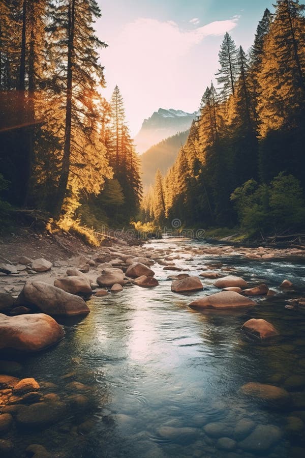 Shallow River Stream through Alpine Forest. Spring Morning Sunlight ...