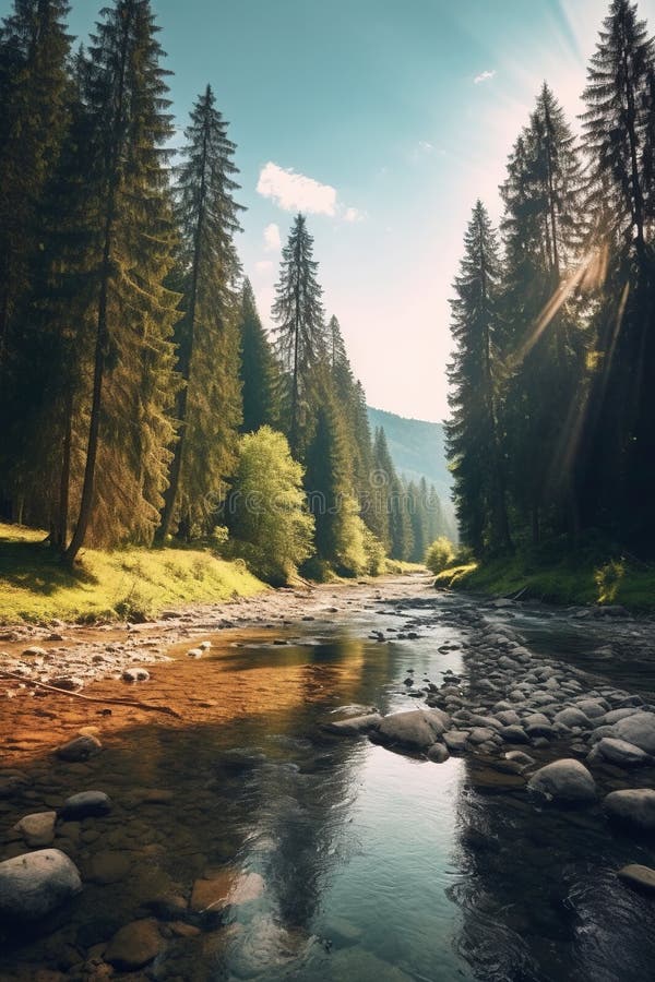 Shallow River Stream through Alpine Forest. Spring Morning Sunlight ...