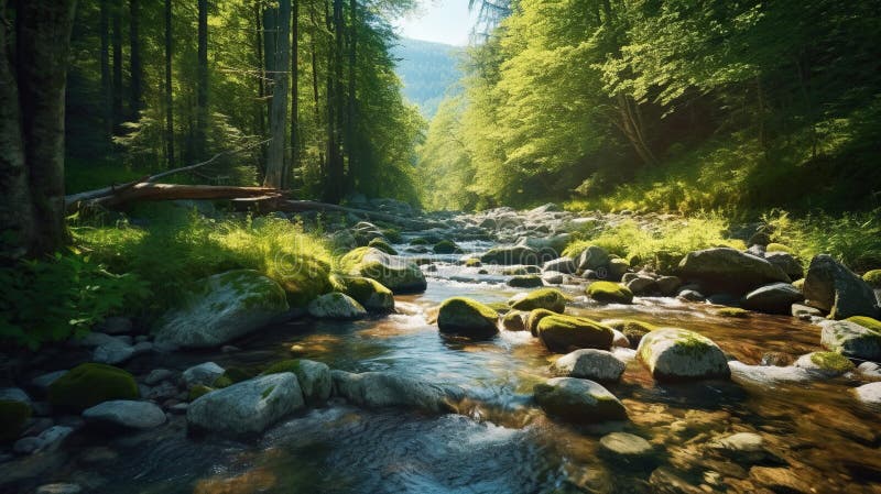 Shallow River Stream through Alpine Forest. Spring Morning Sunlight ...