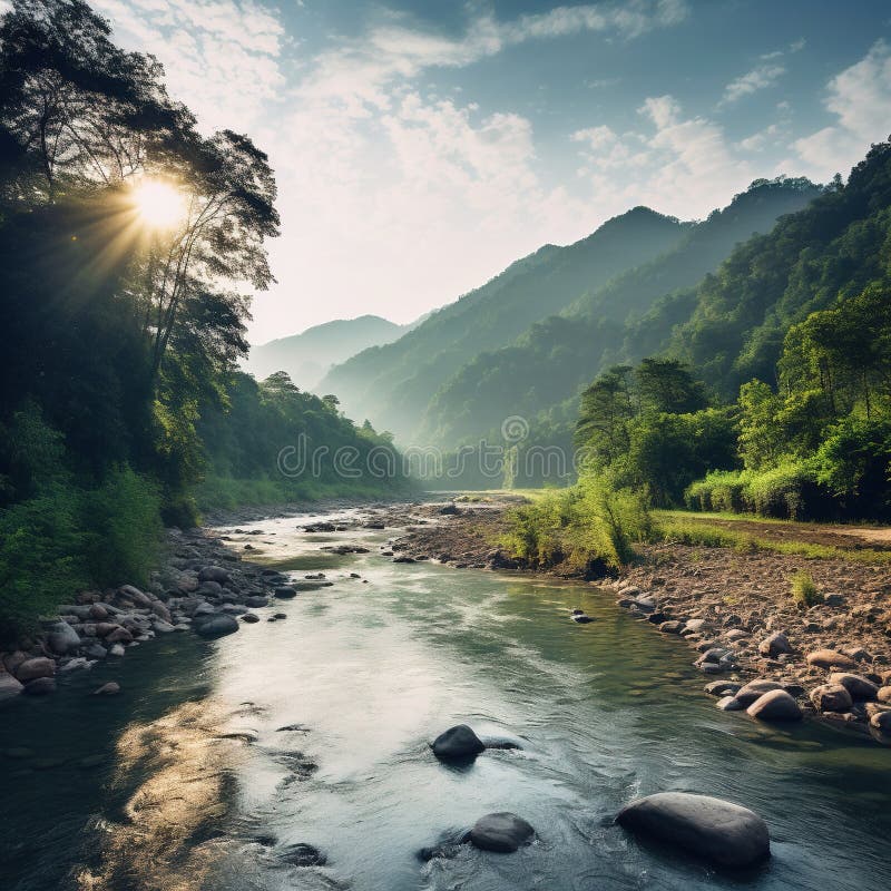 Shallow River Stream through Dense Green Forest. Stock Illustration ...
