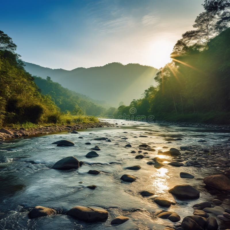 Shallow River Stream through Forest. Sunset in the Background Stock ...
