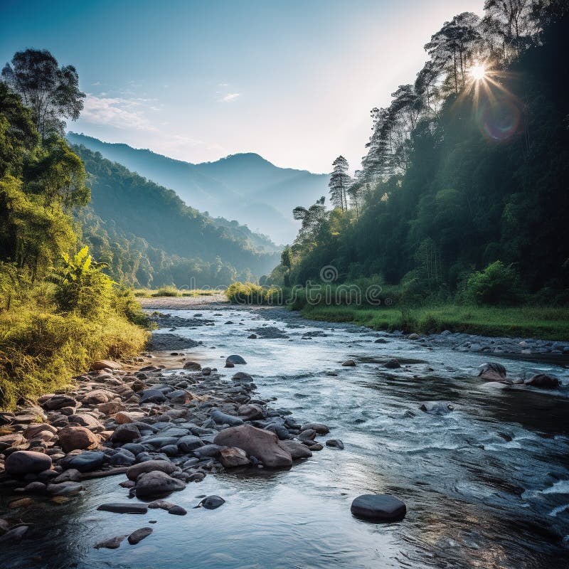 Shallow River Stream through Rainforest. AI Image. Stock Illustration ...