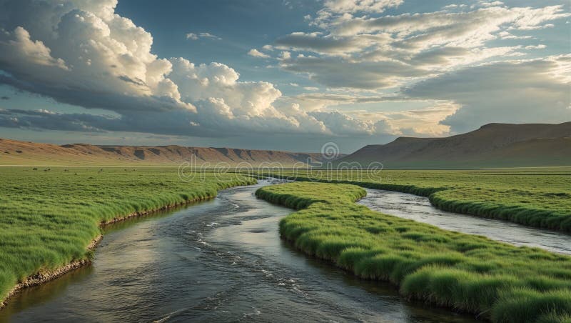 Shallow River Weaving through Green Steppe with Grazing Shadows from ...
