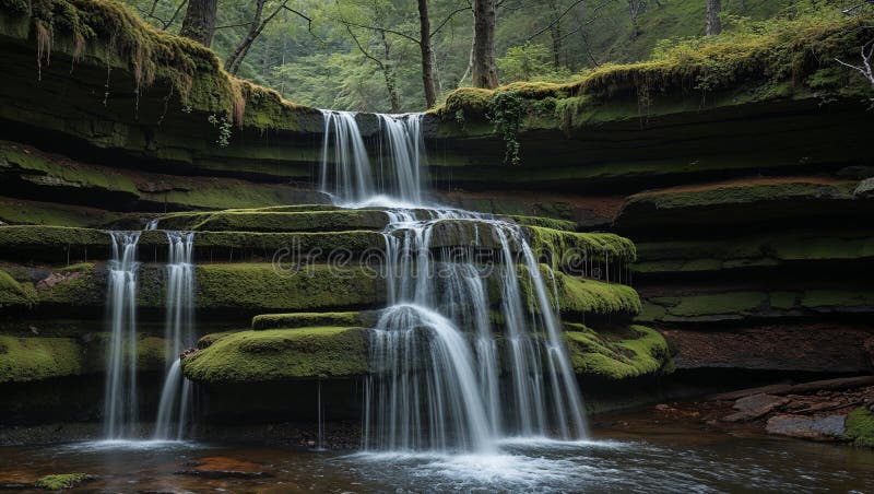 Shallow Runoff Forming Miniature Waterfalls Over Mossy Ledges in Dense ...