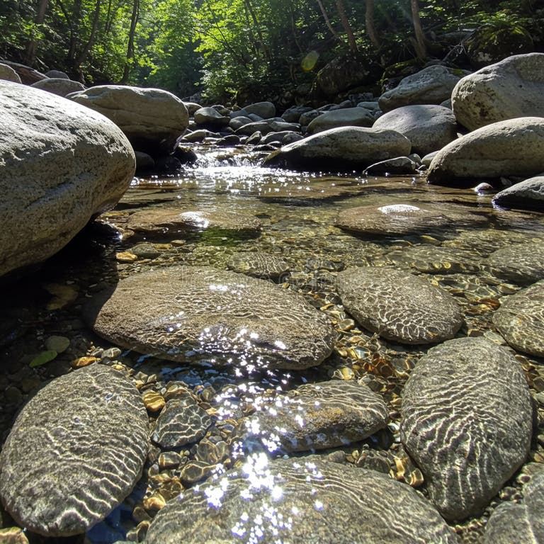 Shallow Stream with Clear Water Flows Over Smooth, Rounded Rocks ...