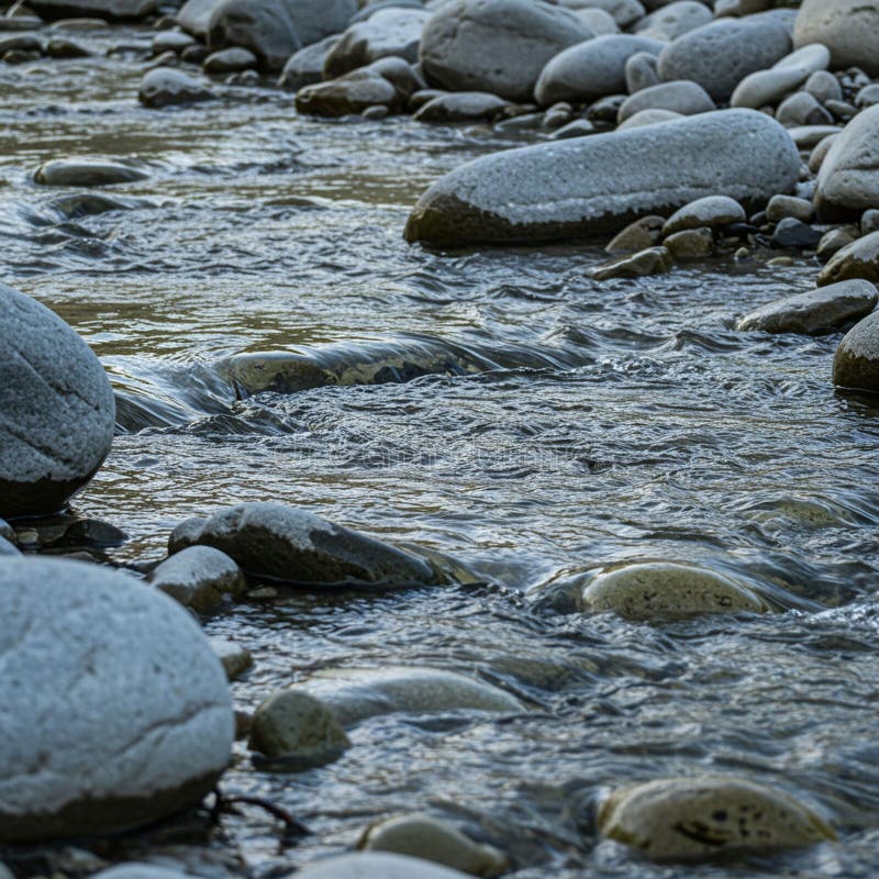 A Shallow Stream Flows Over Smooth, Rounded Stones in a Natural Setting ...