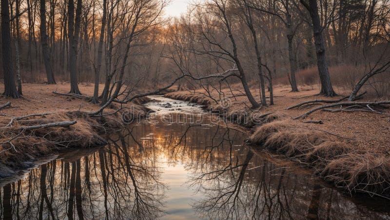 Shallow Stream Reflecting Leafless Branches in Forest Clearing during ...