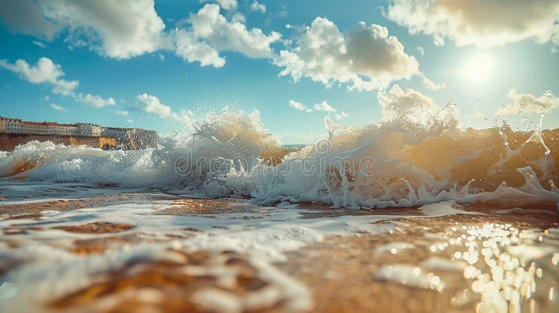 Shallow Waves Crash Energetically on a Sandy Beach with the Sun ...