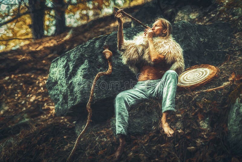 Shamanic Man Playing on Drum in the Nature. Painting Effect. Stock ...