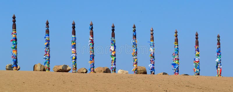 Shamanic Pillars Tied with Colored Ribbons Stock Photo - Image of ...