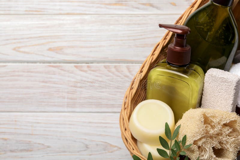 Shampoo Bottles, Loofah, Pumice and Solid Shampoo Bars in Wicker Basket ...