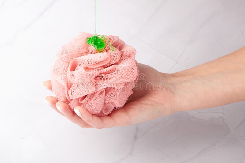 Shampoo is Flowing on the Bath Sponge in the Female Hand Stock Photo ...