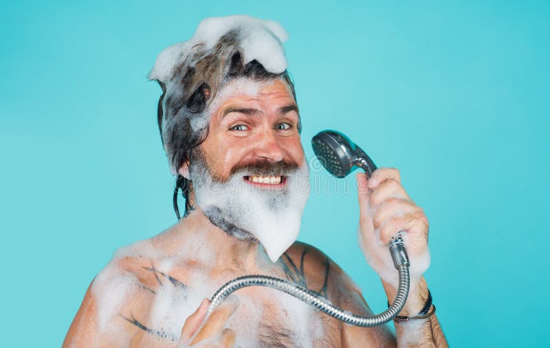 Shampoo Man With Foam On Head Take Shower Body Washing Bearded Man