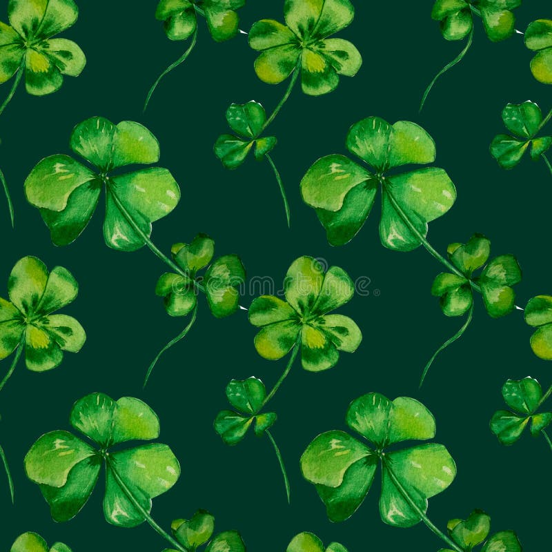 Shamrock Seamless Pattern Watercolor Leaves On Green Stock