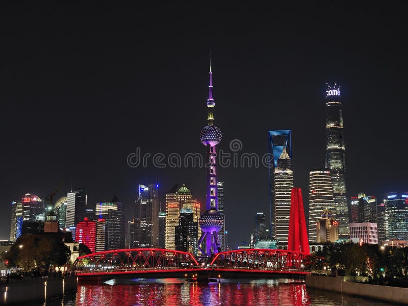 Shanghai Buds Nightscape with Red Bridge Editorial Stock Photo - Image ...