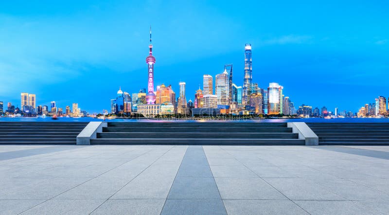 Shanghai Cityscape and Square Floor at Night Stock Photo - Image of ...