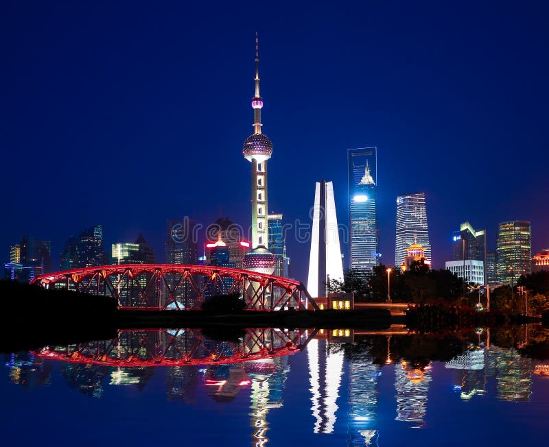 Shanghai Garden Bridge of Landmark Skyline at Night Stock Image - Image ...