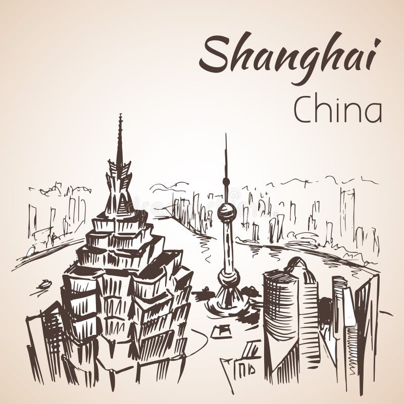 Shanghai Hand Drawn Landscape Stock Vector - Illustration of outline ...
