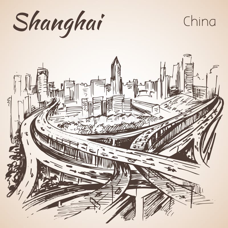 Shanghai Hand Drawn Landscape. Stock Vector - Illustration of life ...