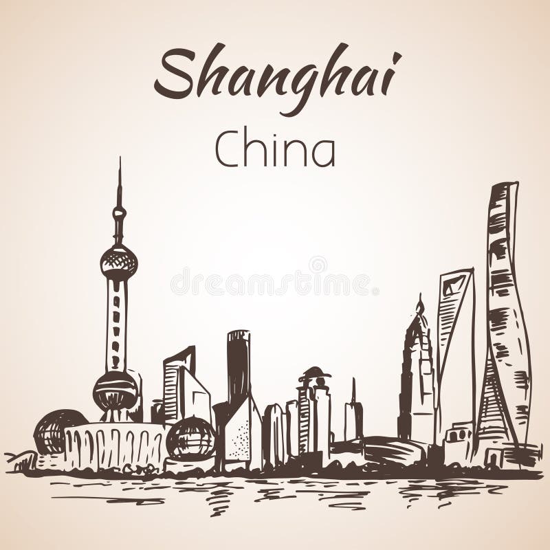 Shanghai Hand Drawn Landscape Stock Vector - Illustration of outline ...