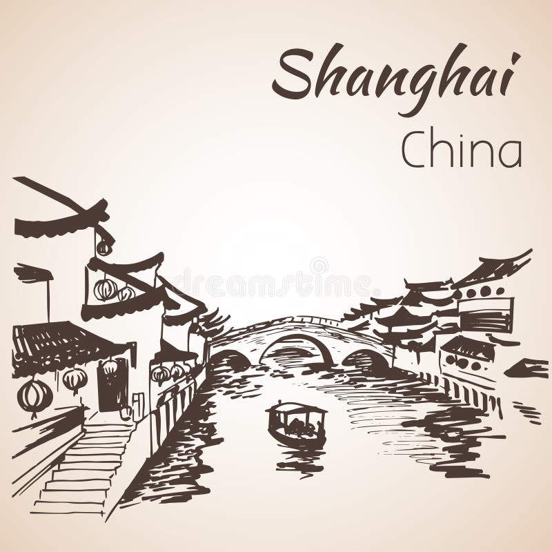 Shanghai Hand Drawn Landscape. Stock Vector - Illustration of chinese ...