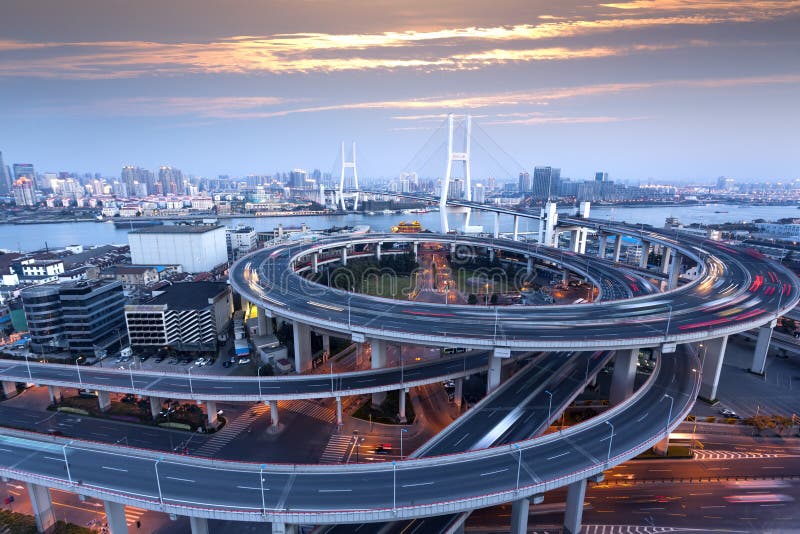 Shanghai Nanpu Bridge at Dusk Stock Photo - Image of dusk ...