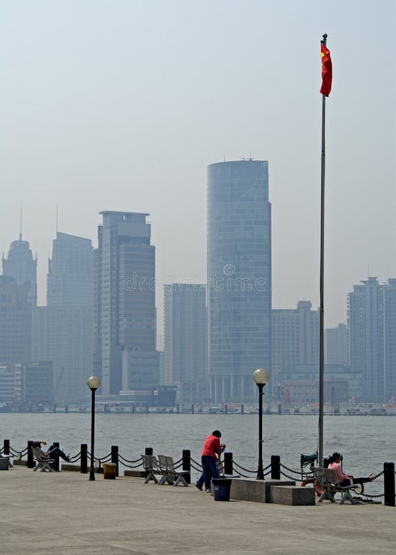 Shanghai Riverfront with Flag Stock Photo - Image of flair, huangpu ...