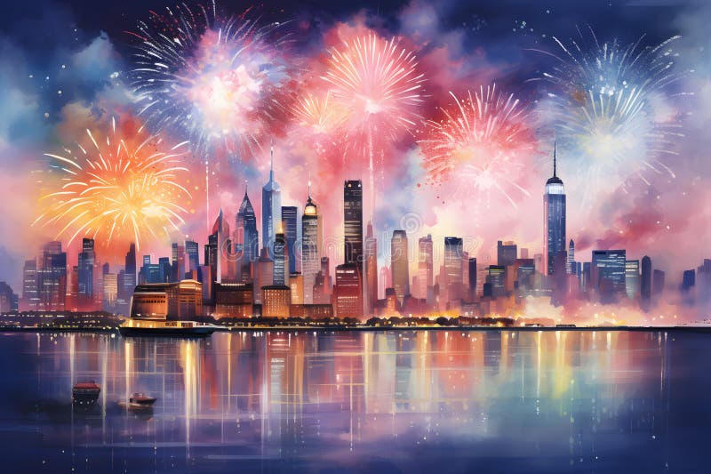Shanghai Skyline with Fireworks and Reflection on Water, China Stock ...