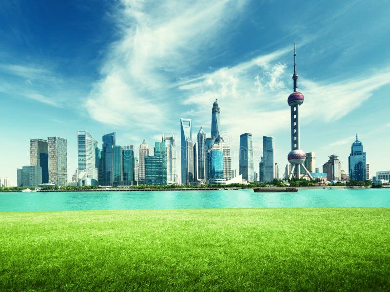 Shanghai Skyline and Green Grass in Park Stock Image - Image of ...