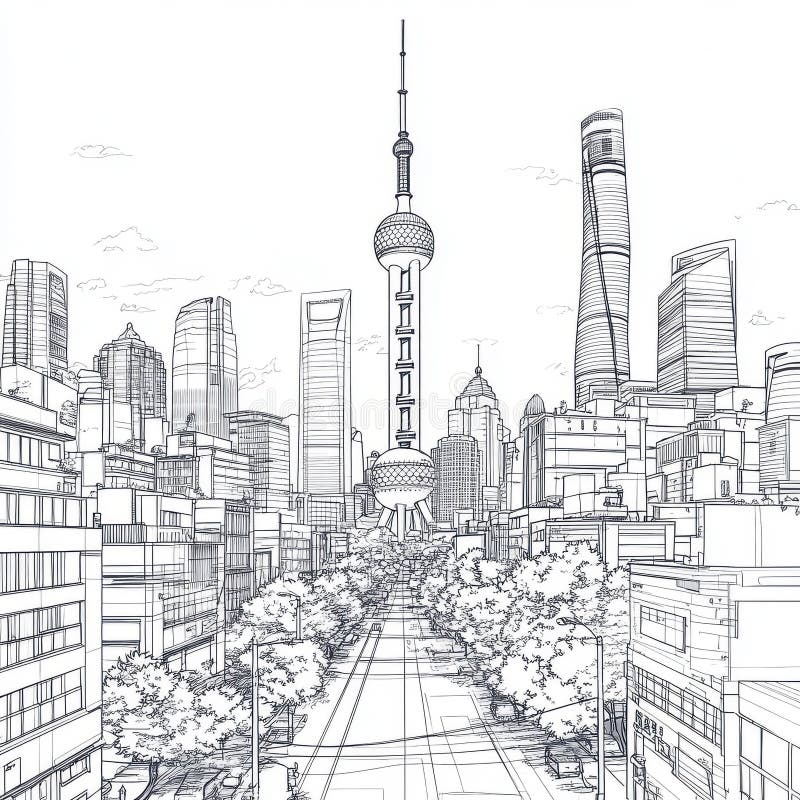 Shanghai Skyline Sketch Urban Landscape Architecture Design Stock ...
