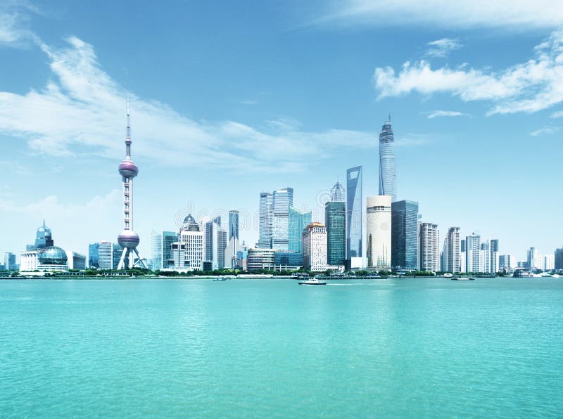 Shanghai Skyline in Sunny Day Stock Image - Image of exterior, center ...
