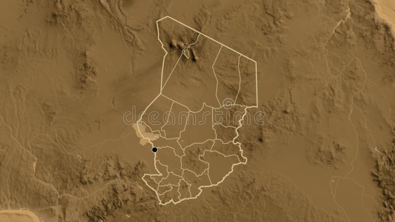Shape of Chad with Regional Borders. Sepia Elevation. Stock ...